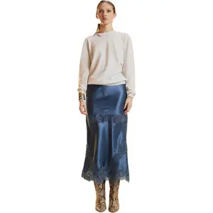 Cynthia Rowley Satin Lace Midi Skirt - Denim Blue