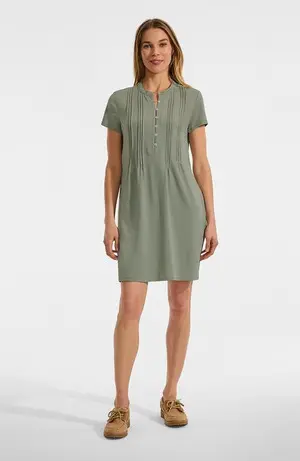 LANDS' END Cotton Modal Pintuck Short Sleeve Dress - Sage