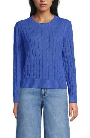 LANDS' END Cotton Cable Drifter Crewneck Sweater - Clear Blue
