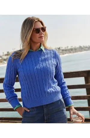LANDS' END Cotton Cable Drifter Crewneck Sweater - Clear Blue