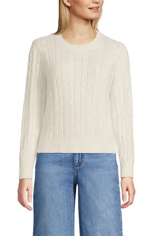 LANDS' END Cotton Cable Drifter Crewneck Sweater - Fresh Ivory