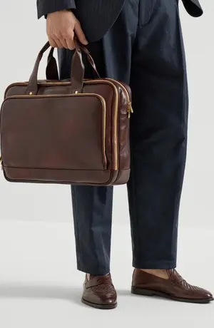 Brunello Cucinelli Calfskin Briefcase With Zipper - Burgundy