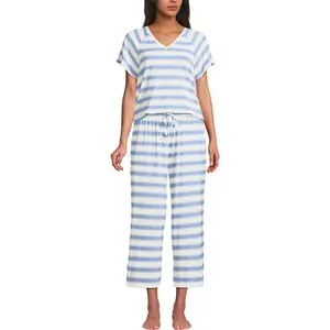 LANDS' END Cooling Pajama Setshort Sleeve Top And Crop Pants - Misty Blue Stripe