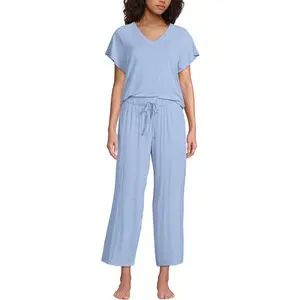 LANDS' END Cooling Pajama Setshort Sleeve Top And Crop Pants - Misty Blue