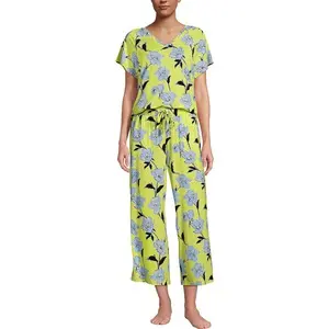 LANDS' END Cooling Pajama Setshort Sleeve Top And Crop Pants - Soft Lemoncello Etched Floral