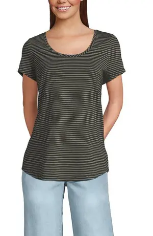 LANDS' END Lightweight Jersey T-shirt - Forest Moss Thin Stripe