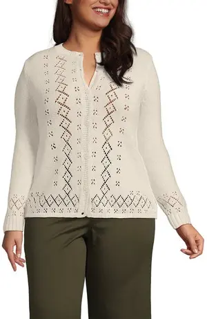 LANDS' END Pointelle Crew Neck Cardigan Sweater - Ivory Latte