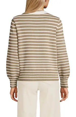 LANDS' END Cotton V-neck Sweater - Champagne/ivory Mini Stripe