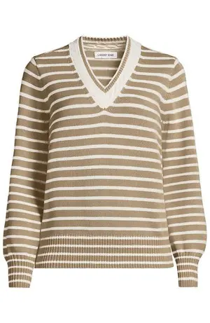 LANDS' END Cotton V-neck Sweater - Champagne/ivory Mini Stripe
