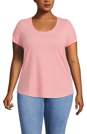 LANDS' END Lightweight Jersey T-shirt - Sunset Coral Pink Thin Stripe