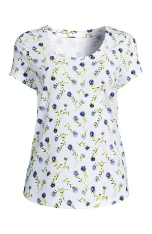 LANDS' END Short Sleeve Lightweight Jersey Scoop Neck T-shirt - White/blue Floral Sprigs