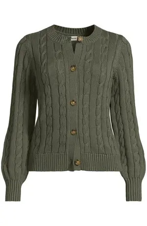 LANDS' END Drifter Classic Cable Crew Neck Cardigan - Forest Moss