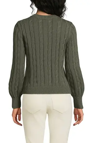 LANDS' END Drifter Classic Cable Crew Neck Cardigan - Forest Moss