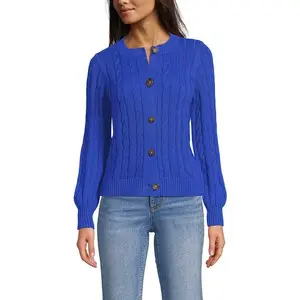 LANDS' END Drifter Classic Cable Crew Neck Cardigan Sweater - Vibrant Lapis