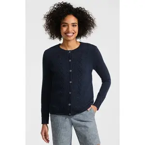 LANDS' END Pointelle Crew Neck Cardigan - Radiant Navy