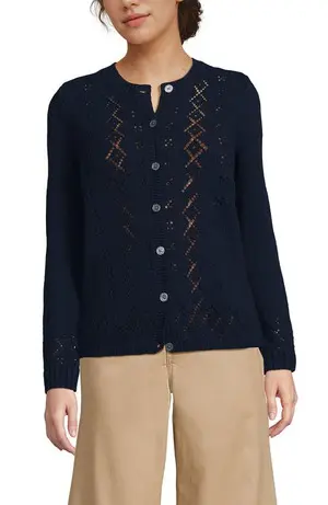 LANDS' END Pointelle Crew Neck Cardigan - Radiant Navy