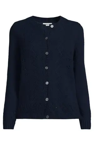 LANDS' END Pointelle Crew Neck Cardigan - Radiant Navy