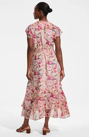 LANDS' END Chiffon Flutter Sleeve V-neck Wrap Maxi Dress