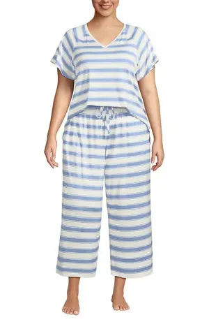 LANDS' END Cooling Pajama Setshort Sleeve Top And Crop Pants - Misty Blue Stripe