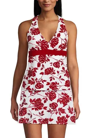 LANDS' END V-neck Racerback Flutter Tankini - Red Graphic Floral/red