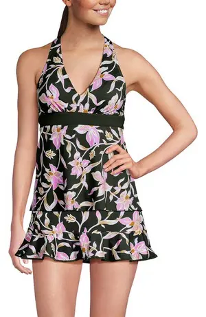 LANDS' END V-neck Racerback Flutter Tankini - Tropic Floral/rich Olive