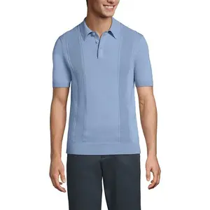 LANDS' END Short Sleeve Vertical Rib Button Down Sweater Polo - Oasis Blue