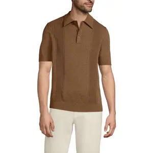 LANDS' END Short Sleeve Vertical Rib Button Down Sweater Polo - Soft Camel Brown Heather