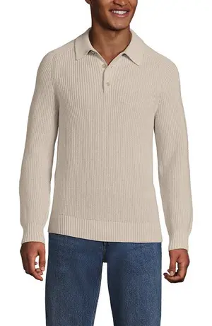 LANDS' END Long Sleeve Drifter Polo Sweater - Flax Heather