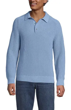 LANDS' END Long Sleeve Drifter Polo Sweater - Oasis Blue