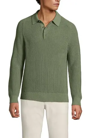 LANDS' END Long Sleeve Drifter Polo Sweater - Sage