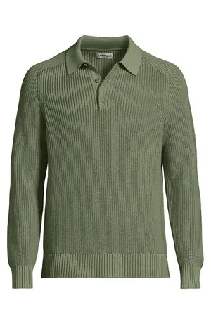 LANDS' END Long Sleeve Drifter Polo Sweater - Sage