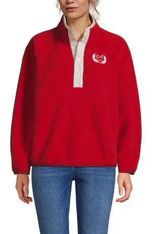 LANDS' END Snap Neck Fleece Pullover - Compass Red