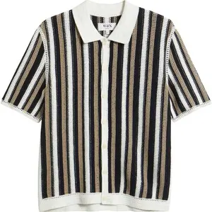 WAX LONDON Porto Stripe Crochet Knit Polo - Ecru/black