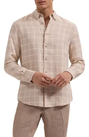 Bugatchi Austin Shaped Fit Windowpane Check Linen & Cotton Button-down Shirt - Desert