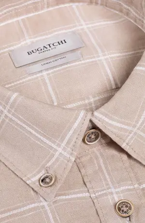 Bugatchi Austin Shaped Fit Windowpane Check Linen & Cotton Button-down Shirt