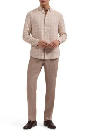 Bugatchi Austin Shaped Fit Windowpane Check Linen & Cotton Button-down Shirt