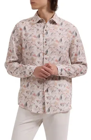 Bugatchi Julian Shaped Fit Abstract Leaf Print Linen Button-up Shirt - Desert