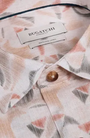 Bugatchi Julian Shaped Fit Abstract Leaf Print Linen Button-up Shirt - Desert