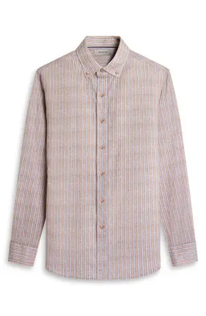 Bugatchi Austin Shaped Fit Stripe Cotton & Linen Button-down Shirt - Desert