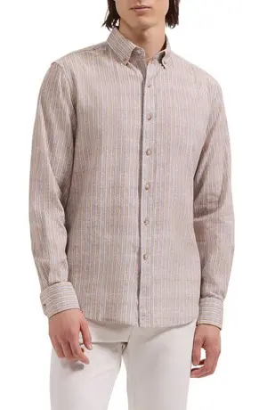 Bugatchi Austin Shaped Fit Stripe Cotton & Linen Button-down Shirt - Desert