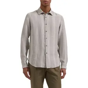 Bugatchi Julian Shaped Fit Shadow Stripe Linen Button-up Shirt - Khaki