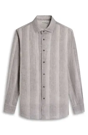 Bugatchi Julian Shaped Fit Shadow Stripe Linen Button-up Shirt - Khaki