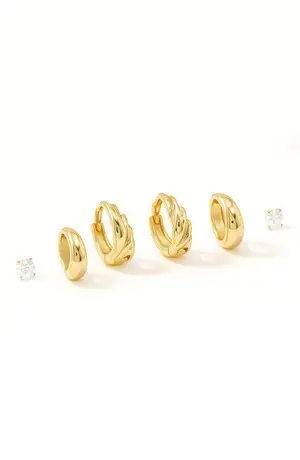 LA MENO Set Of 3 Luxe Curve Stud & Hoop Earrings - Gold