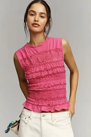 Anthropologie Smocked Lace Ruffle Tank Top - Beetroot Purple