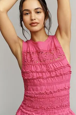 Anthropologie Smocked Lace Ruffle Tank Top - Beetroot Purple