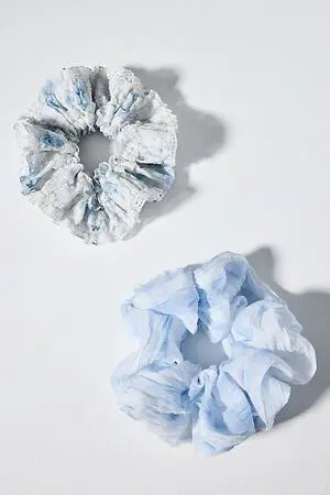 Anthropologie Sheer Floral Scrunchies Set - Blue
