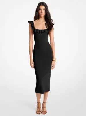 Michael Kors Ruffled Stretch Viscose Midi Dress - Black