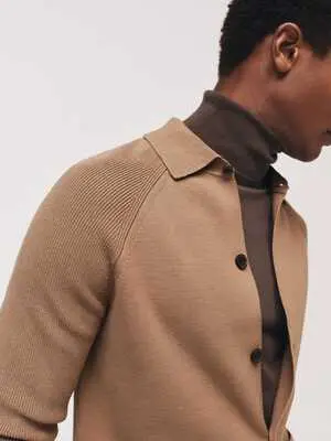 REISS Knitted Shirt With Patch Pockets - Camel Brown