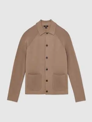 REISS Knitted Shirt With Patch Pockets - Camel Brown
