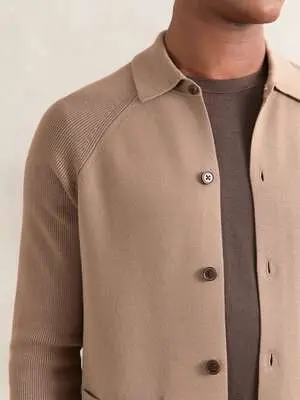 REISS Knitted Shirt With Patch Pockets - Camel Brown